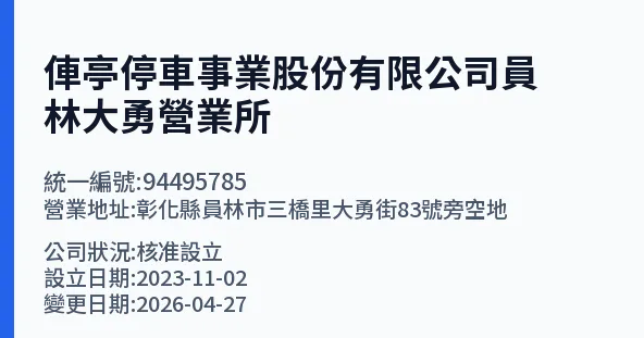 俥亭停車事業股份有限公司員林大勇營業所的照片-統編 94495785(彰化縣) 公司登記資料與營業項目詳細圖表