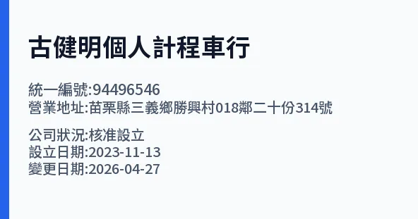 古健明個人計程車行的照片-統編 94496546(苗栗縣) 公司登記資料與營業項目詳細圖表