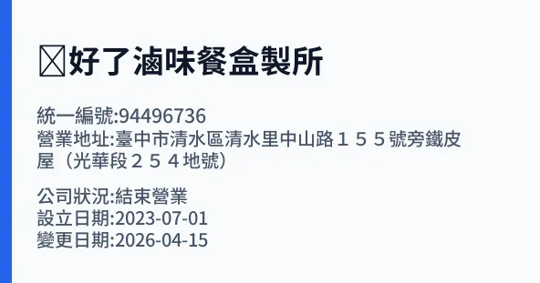 㵭好了滷味餐盒製所的照片-統編 94496736(臺中市) 公司登記資料與營業項目詳細圖表