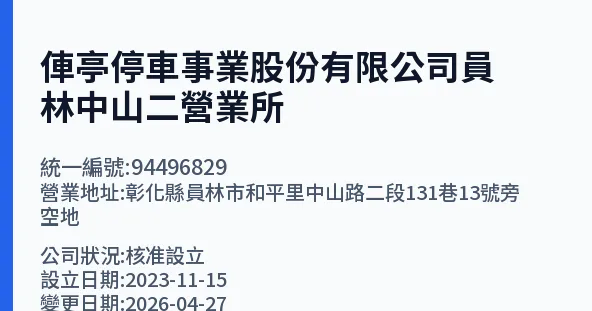 俥亭停車事業股份有限公司員林中山二營業所的照片-統編 94496829(彰化縣) 公司登記資料與營業項目詳細圖表