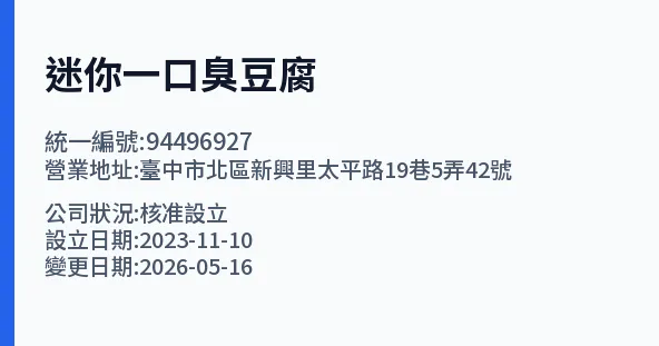 迷你一口臭豆腐的照片-統編 94496927(臺中市) 公司登記資料與營業項目詳細圖表