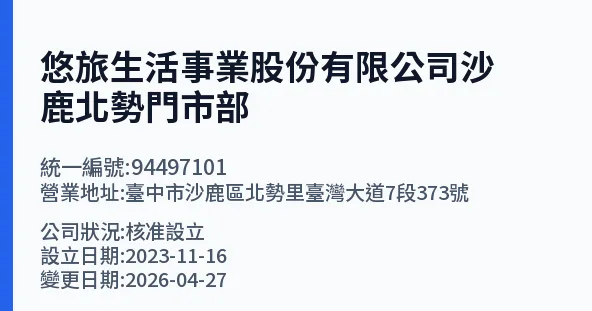 悠旅生活事業股份有限公司沙鹿北勢門市部的照片-統編 94497101(臺中市) 公司登記資料與營業項目詳細圖表