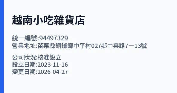 越南小吃雜貨店的照片-統編 94497329(苗栗縣) 公司登記資料與營業項目詳細圖表