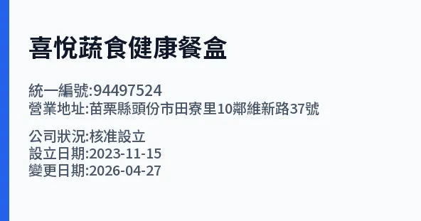 喜悅蔬食健康餐盒的照片-統編 94497524(苗栗縣) 公司登記資料與營業項目詳細圖表