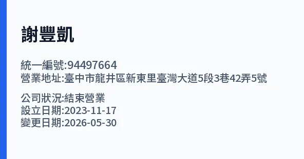 謝豐凱的照片-統編 94497664(臺中市) 公司登記資料與營業項目詳細圖表