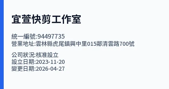宜萱快剪工作室的照片-統編 94497735(雲林縣) 公司登記資料與營業項目詳細圖表