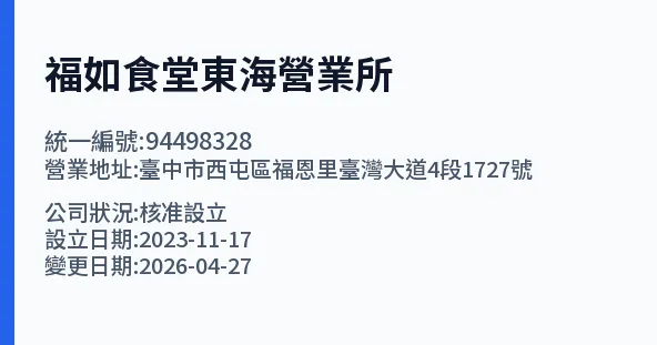 福如食堂東海營業所的照片-統編 94498328(臺中市) 公司登記資料與營業項目詳細圖表