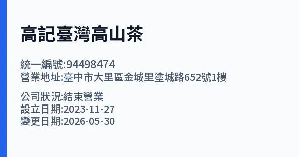 高記臺灣高山茶的照片-統編 94498474(臺中市) 公司登記資料與營業項目詳細圖表