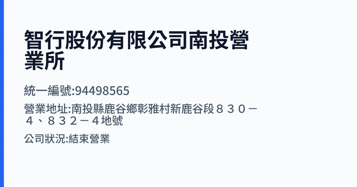 智行股份有限公司南投營業所 - 統編 94498565(南投縣) 公司登記資料與營業項目詳細圖表