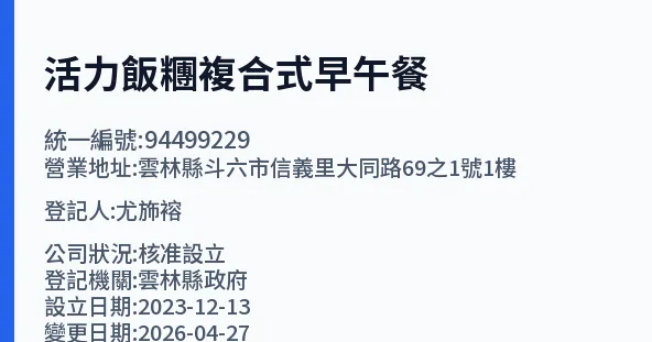 活力飯糰複合式早午餐的照片-統編 94499229(雲林縣) 公司登記資料與營業項目詳細圖表