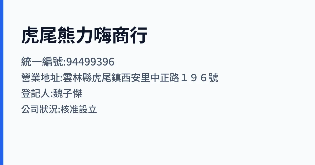 虎尾熊力嗨商行 - 統編 94499396(雲林縣) 公司登記資料與營業項目詳細圖表
