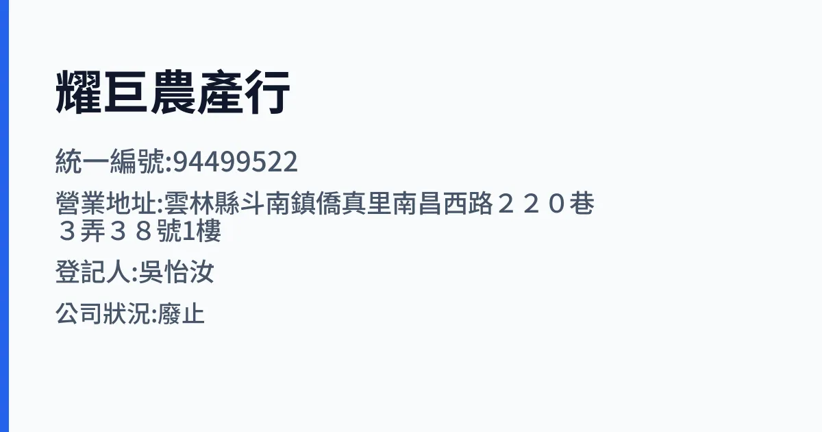 耀巨農產行 - 統編 94499522(雲林縣) 公司登記資料與營業項目詳細圖表