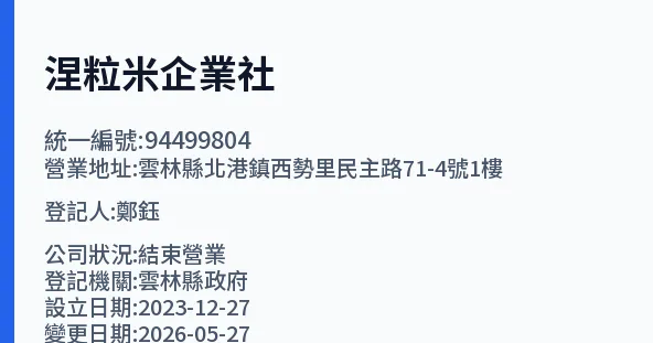 涅粒米企業社的照片-統編 94499804(雲林縣) 公司登記資料與營業項目詳細圖表