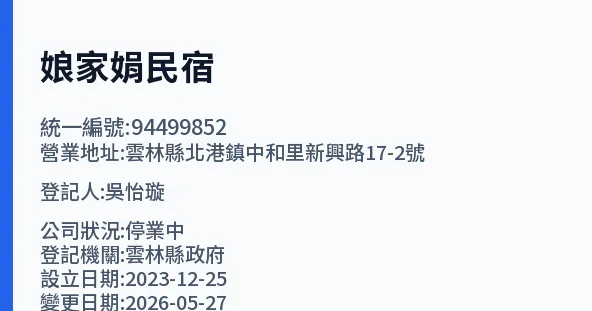 娘家娟民宿的照片-統編 94499852(雲林縣) 公司登記資料與營業項目詳細圖表