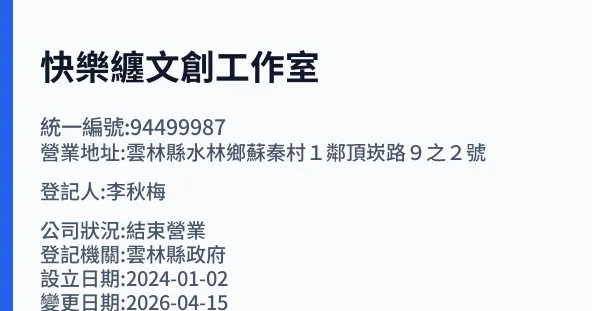 快樂纏文創工作室的照片-統編 94499987(雲林縣) 公司登記資料與營業項目詳細圖表