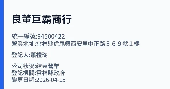 良董巨霸商行的照片-統編 94500422(雲林縣) 公司登記資料與營業項目詳細圖表