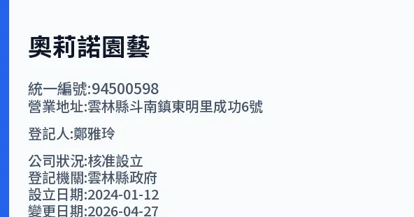 奧莉諾園藝的照片-統編 94500598(雲林縣) 公司登記資料與營業項目詳細圖表