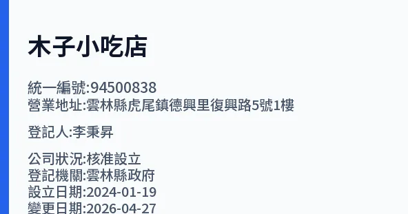 木子小吃店的照片-統編 94500838(雲林縣) 公司登記資料與營業項目詳細圖表