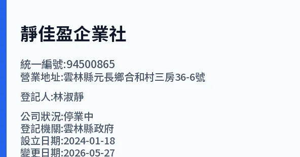 靜佳盈企業社的照片-統編 94500865(雲林縣) 公司登記資料與營業項目詳細圖表