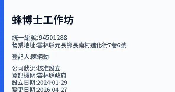 蜂博士工作坊的照片-統編 94501288(雲林縣) 公司登記資料與營業項目詳細圖表