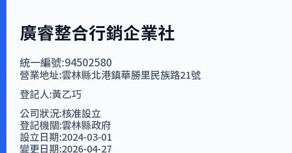 廣睿整合行銷企業社的照片-統編 94502580(雲林縣) 公司登記資料與營業項目詳細圖表