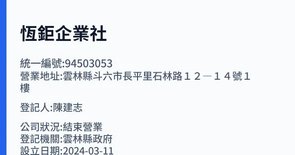 恆鉅企業社的照片-統編 94503053(雲林縣) 公司登記資料與營業項目詳細圖表