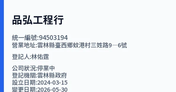 品弘工程行的照片-統編 94503194(雲林縣) 公司登記資料與營業項目詳細圖表
