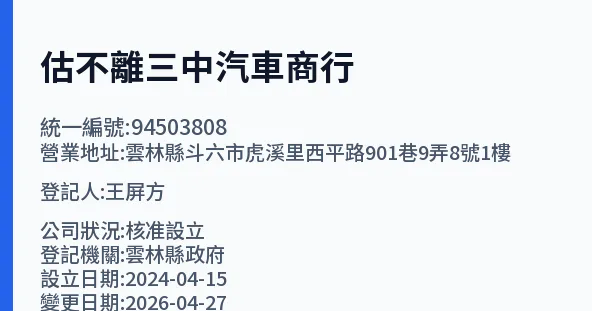 估不離三中汽車商行的照片-統編 94503808(雲林縣) 公司登記資料與營業項目詳細圖表