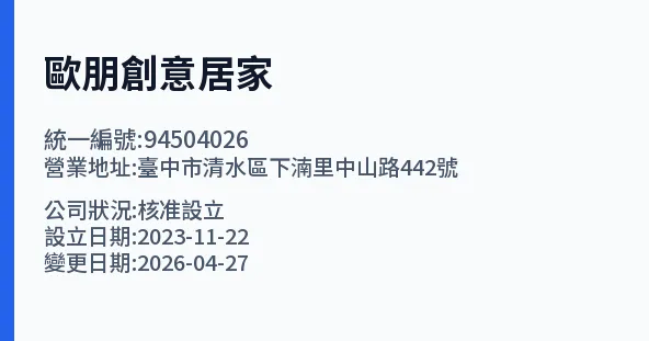歐朋創意居家的照片-統編 94504026(臺中市) 公司登記資料與營業項目詳細圖表
