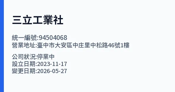 三立工業社的照片-統編 94504068(臺中市) 公司登記資料與營業項目詳細圖表