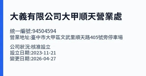 大義有限公司大甲順天營業處的照片-統編 94504594(臺中市) 公司登記資料與營業項目詳細圖表