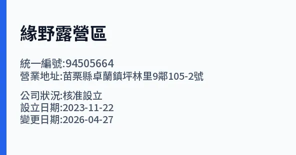 緣野露營區的照片-統編 94505664(苗栗縣) 公司登記資料與營業項目詳細圖表