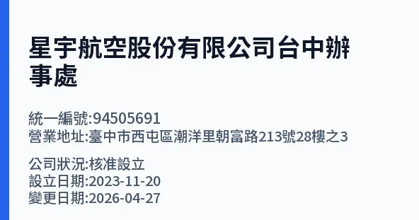 星宇航空股份有限公司台中辦事處的照片-統編 94505691(臺中市) 公司登記資料與營業項目詳細圖表