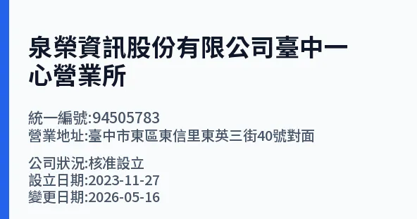 泉榮資訊股份有限公司臺中一心營業所的照片-統編 94505783(臺中市) 公司登記資料與營業項目詳細圖表