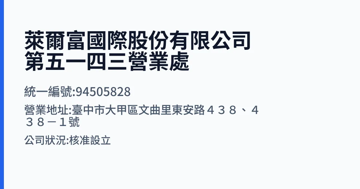 萊爾富國際股份有限公司第五一四三營業處 - 統編 94505828(臺中市) 公司登記資料與營業項目詳細圖表