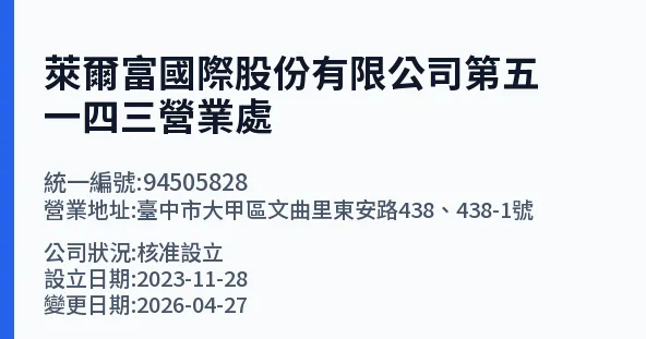 萊爾富國際股份有限公司第五一四三營業處的照片-統編 94505828(臺中市) 公司登記資料與營業項目詳細圖表