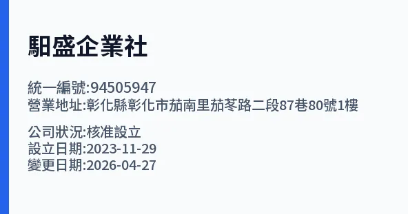 馹盛企業社的照片-統編 94505947(彰化縣) 公司登記資料與營業項目詳細圖表