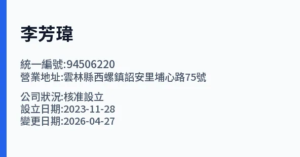 李芳瑋的照片-統編 94506220(雲林縣) 公司登記資料與營業項目詳細圖表