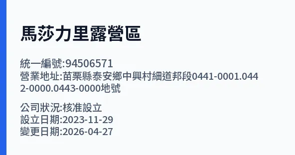馬莎力里露營區的照片-統編 94506571(苗栗縣) 公司登記資料與營業項目詳細圖表