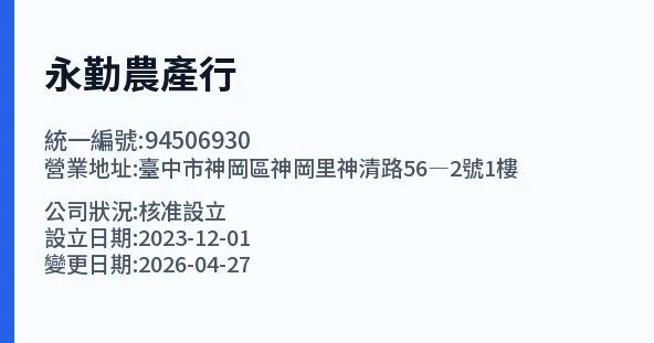 永勤農產行的照片-統編 94506930(臺中市) 公司登記資料與營業項目詳細圖表
