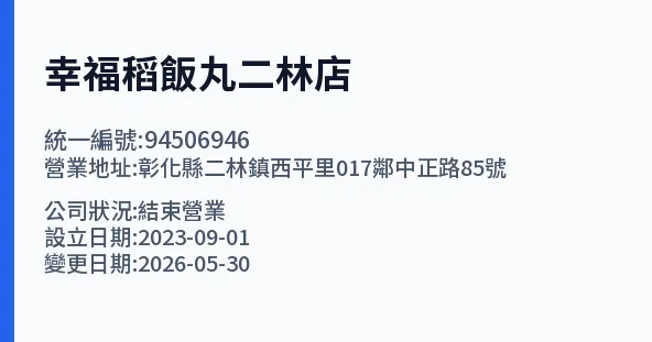 幸福稻飯丸二林店的照片-統編 94506946(彰化縣) 公司登記資料與營業項目詳細圖表