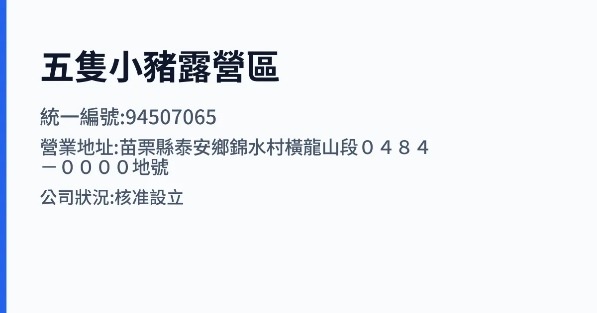 五隻小豬露營區 - 統編 94507065（苗栗縣） 公司登記資料與營業項目詳細圖表