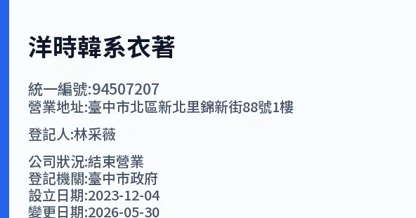 洋時韓系衣著的照片-統編 94507207(臺中市) 公司登記資料與營業項目詳細圖表