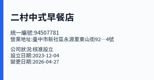 二村中式早餐店的照片-統編 94507781(臺中市) 公司登記資料與營業項目詳細圖表