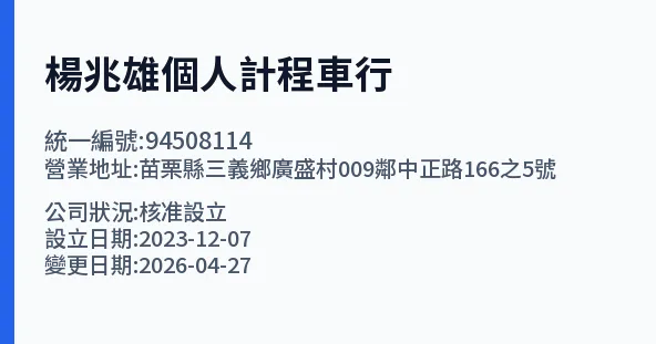 楊兆雄個人計程車行的照片-統編 94508114(苗栗縣) 公司登記資料與營業項目詳細圖表