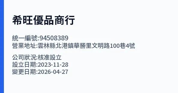 希旺優品商行的照片-統編 94508389(雲林縣) 公司登記資料與營業項目詳細圖表