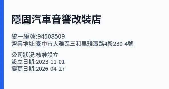 隱固汽車音響改裝店的照片-統編 94508509(臺中市) 公司登記資料與營業項目詳細圖表