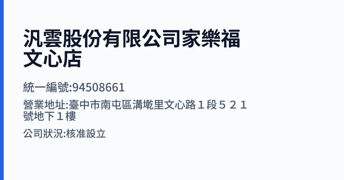汎雲股份有限公司家樂福文心店 - 統編 94508661(臺中市) 公司登記資料與營業項目詳細圖表