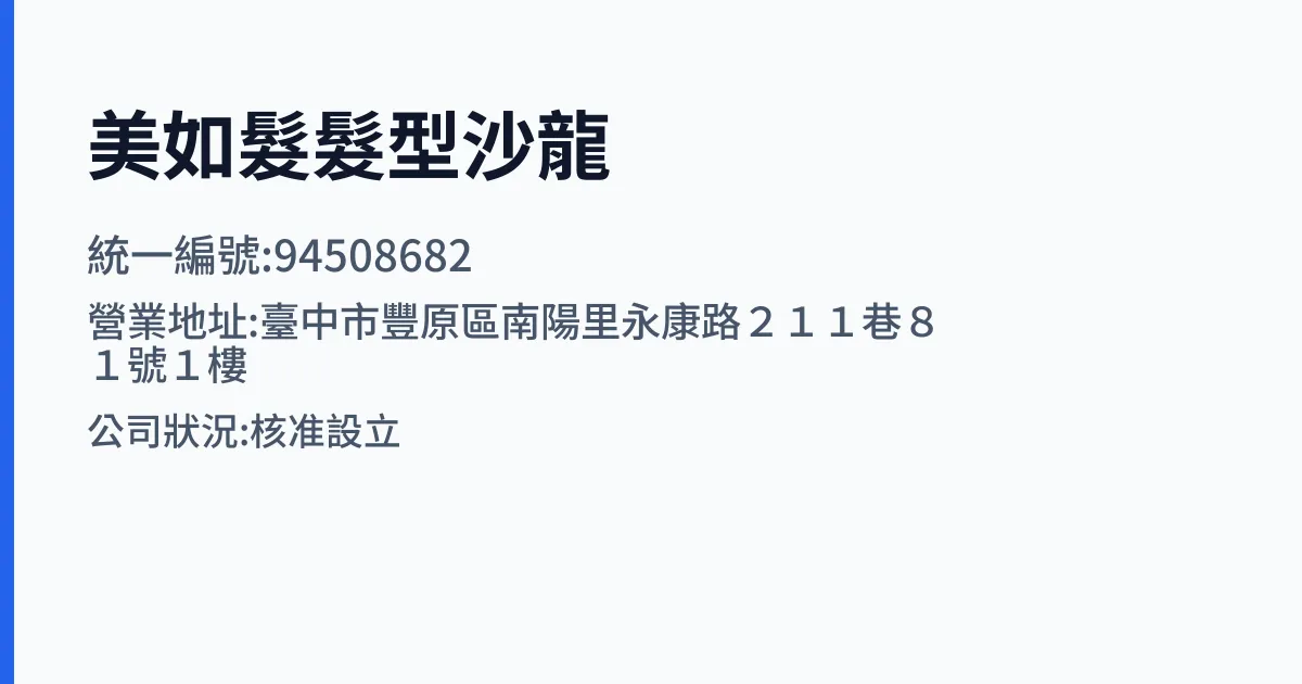 美如髮髮型沙龍 - 統編 94508682（臺中市） 公司登記資料與營業項目詳細圖表