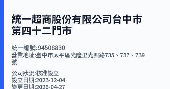 統一超商股份有限公司台中市第四十二門市的照片-統編 94508830(臺中市) 公司登記資料與營業項目詳細圖表